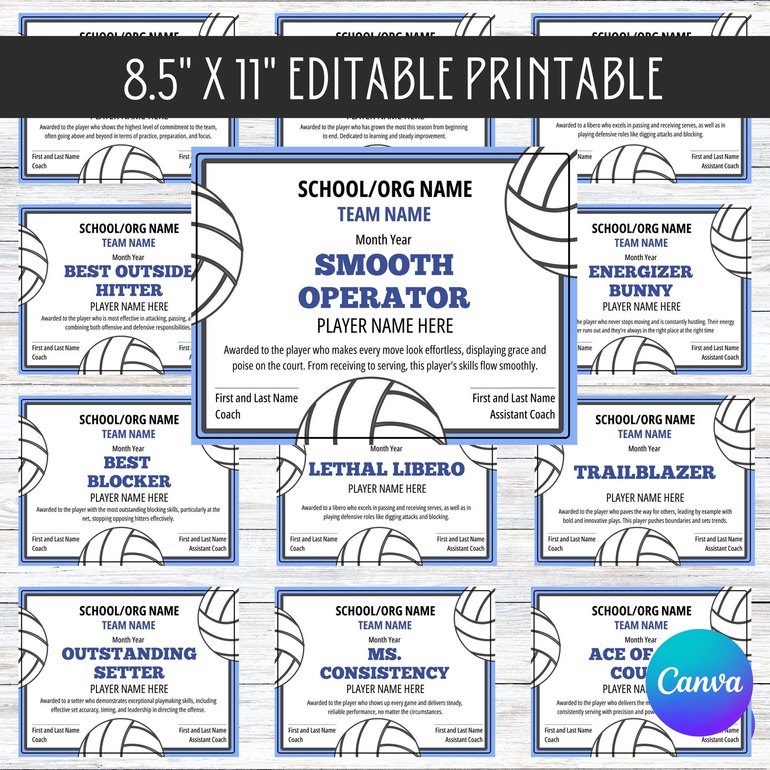 Editable Volleyball Award Certificates: Team Party Canva Template ...