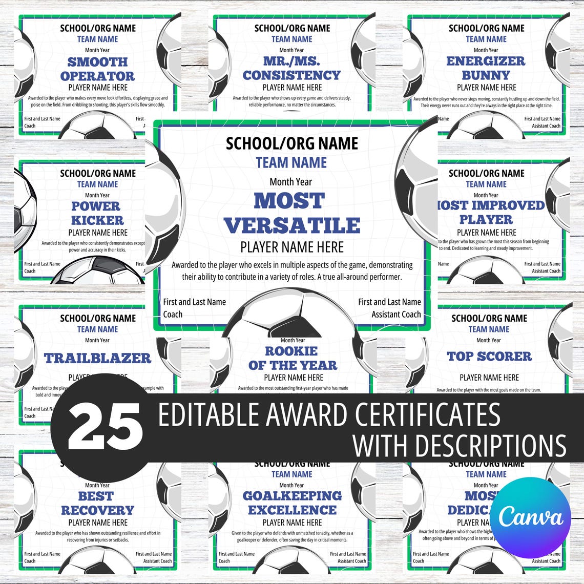 Editable Soccer Award Certificates: Team Party Canva Templates (25 ...