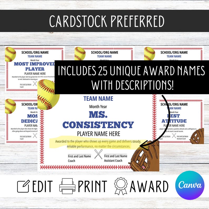 Editable Softball Award Certificates: 25 Canva Templates - Etsy