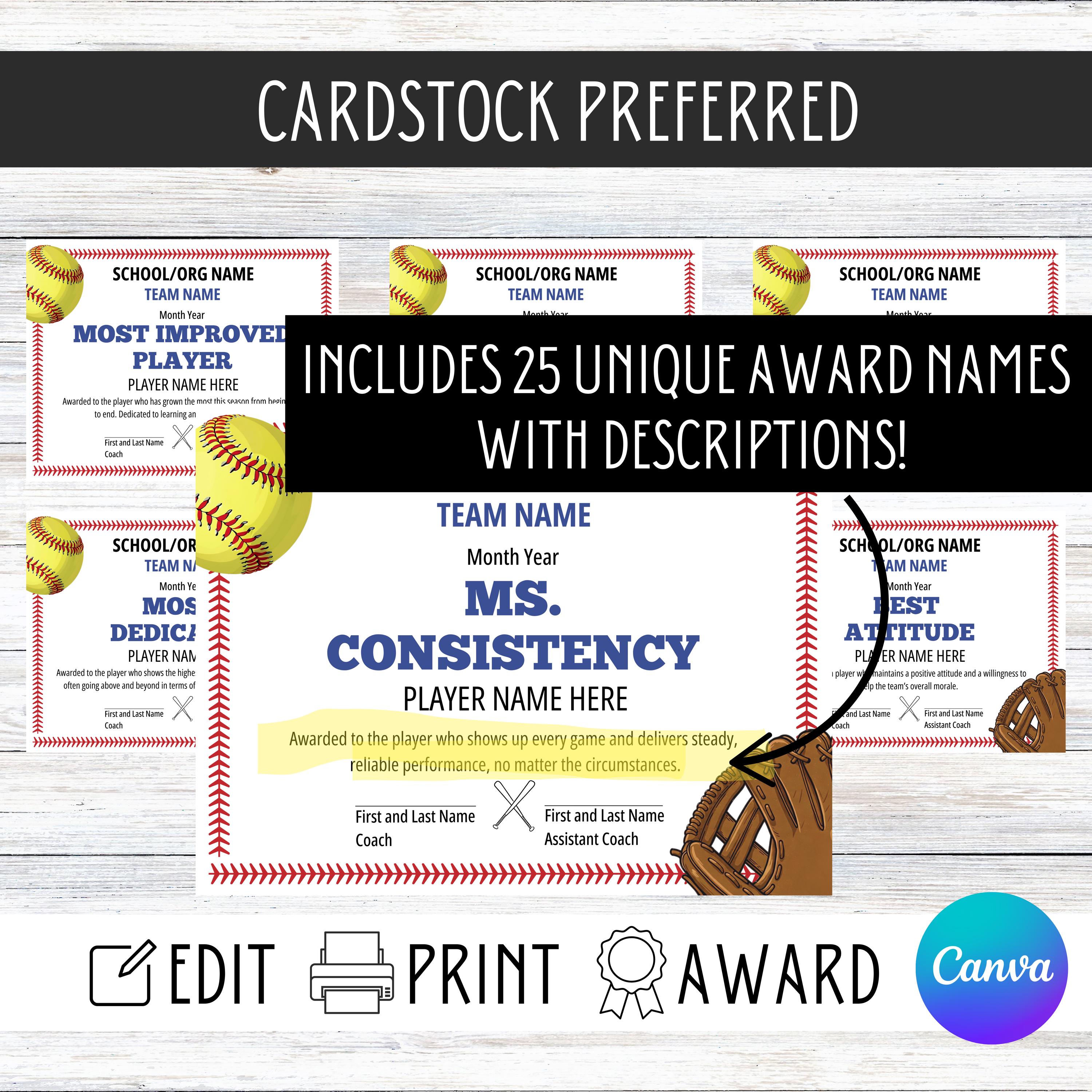 25 Editable Softball Certificates, Softball Team Party, Canva Template ...