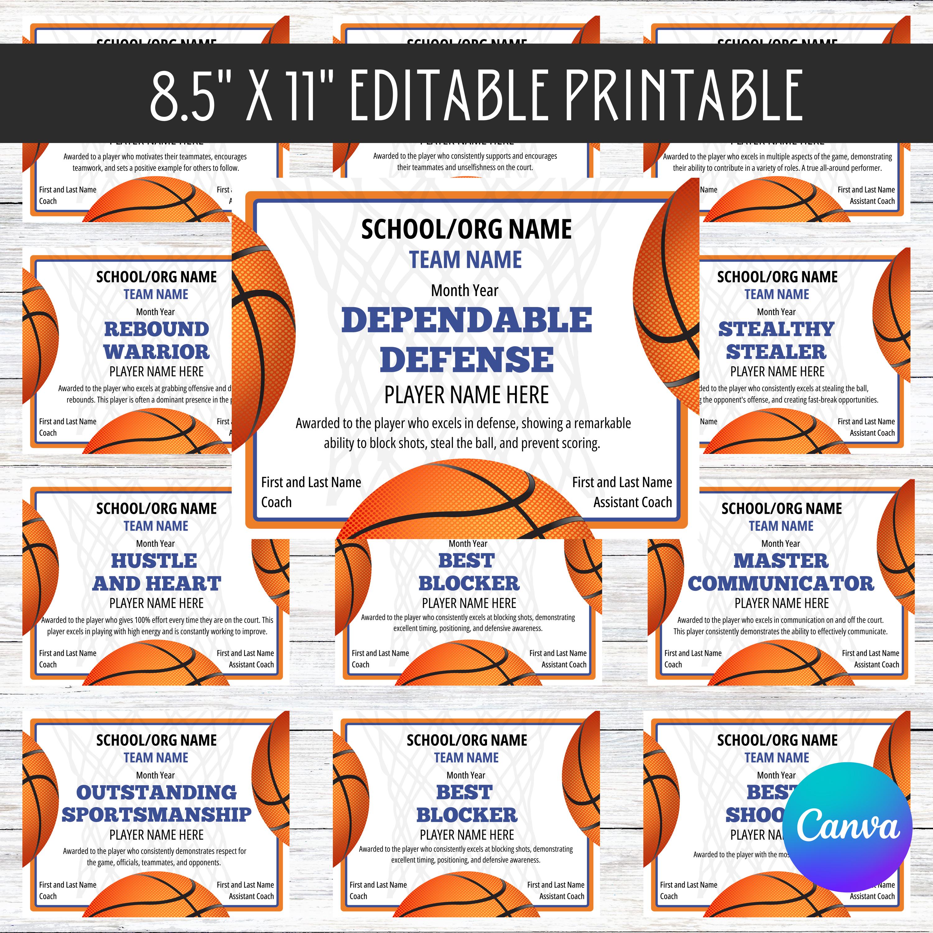 25 Editable Basketball Certificates, Basketball Team Party, Canva ...