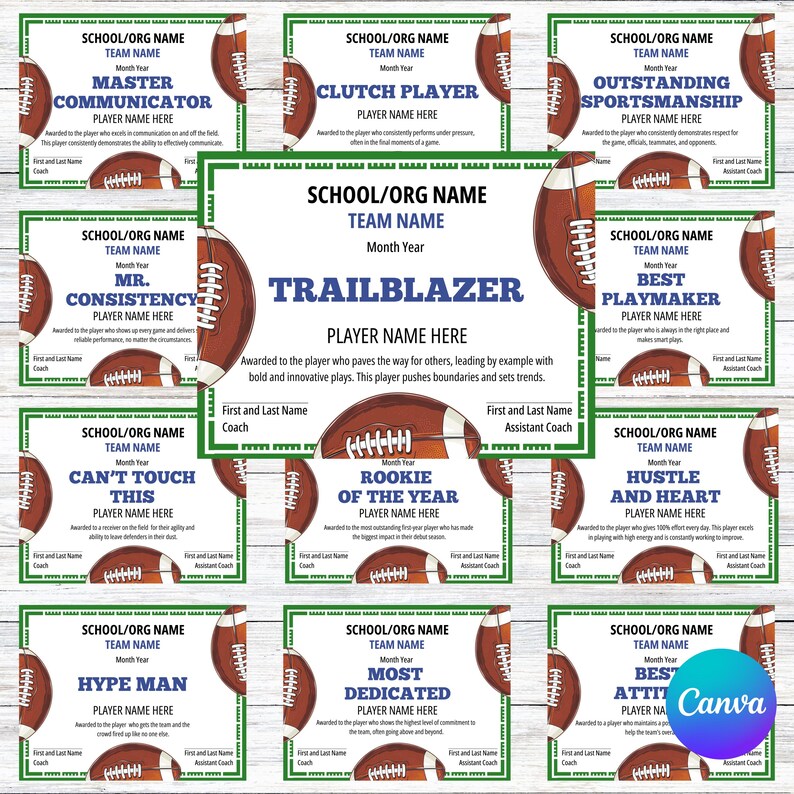 Editable Football Award Certificates: Team Party Canva Template ...
