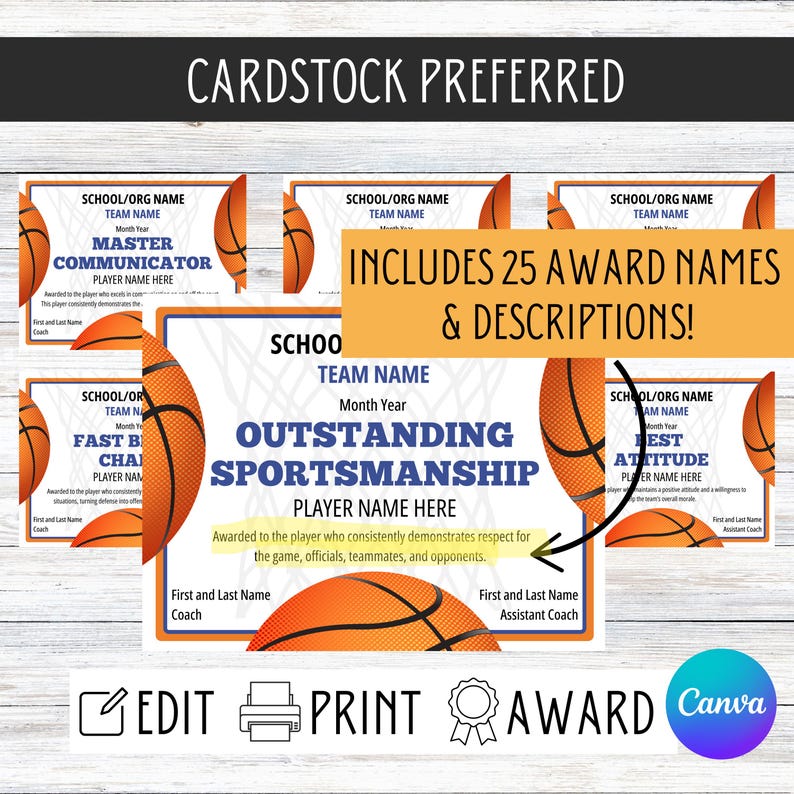 25 Editable Basketball Certificates, Basketball Team Party, Canva ...