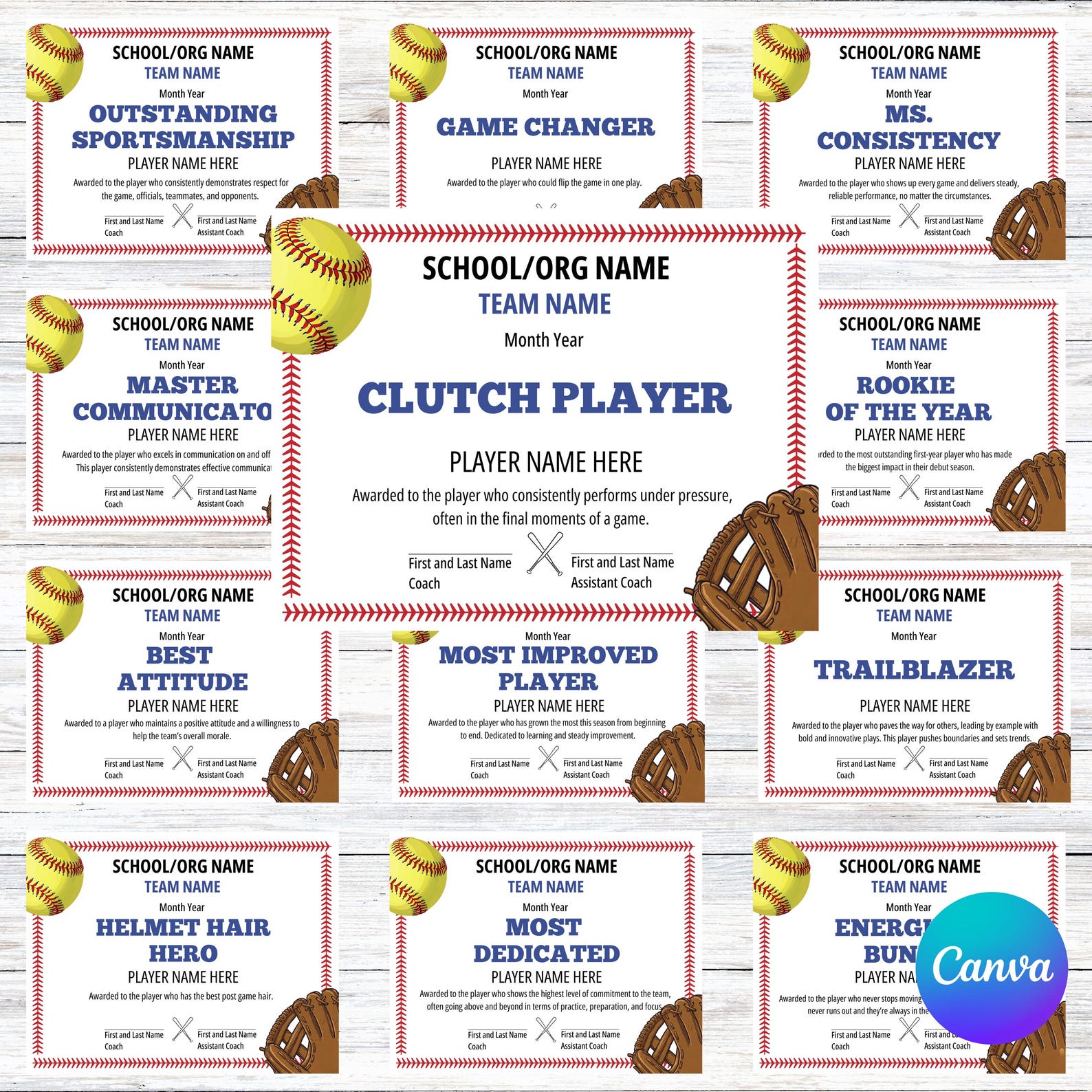 25 Editable Softball Certificates, Softball Team Party, Canva Template ...