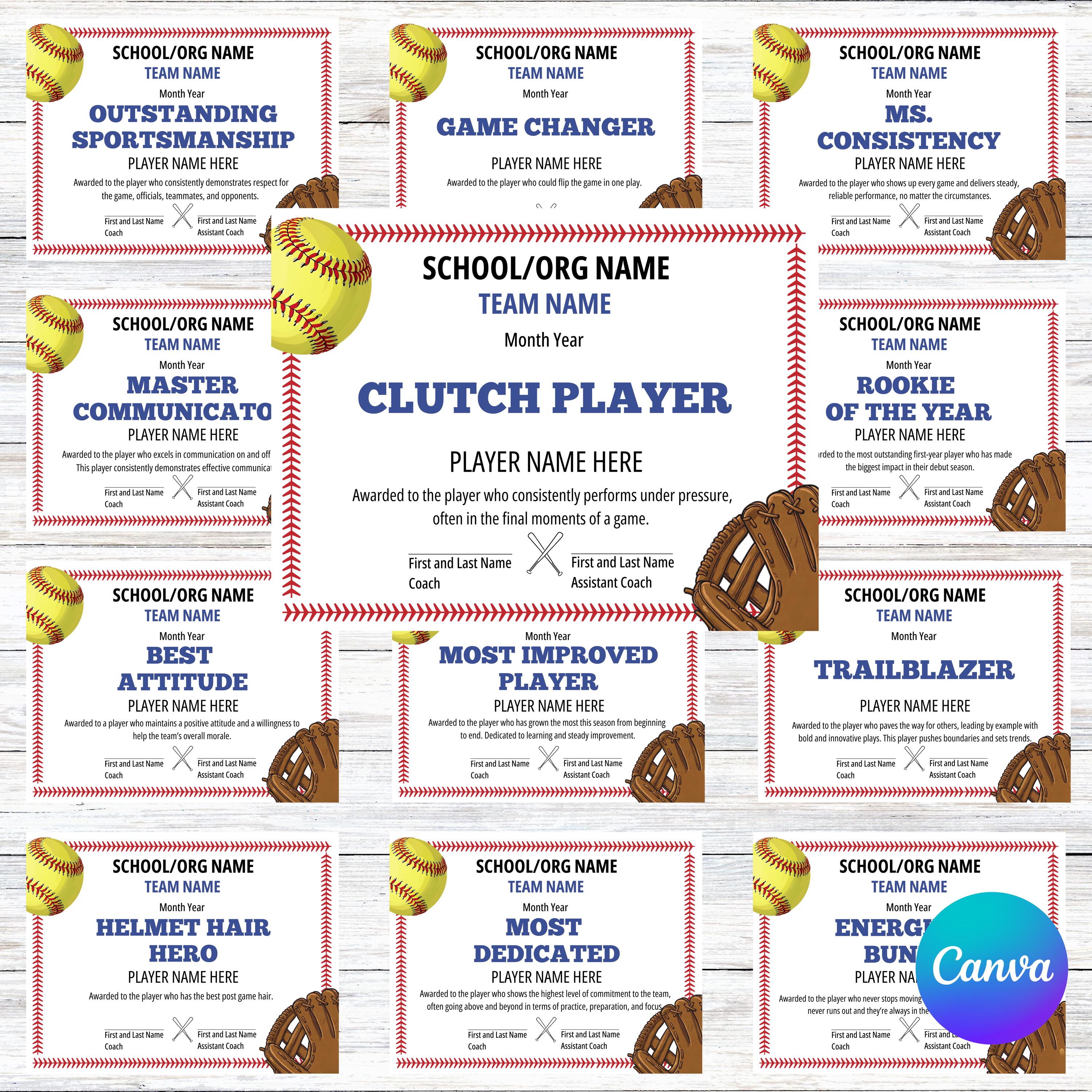 25 Editable Softball Certificates, Softball Team Party, Canva Template ...