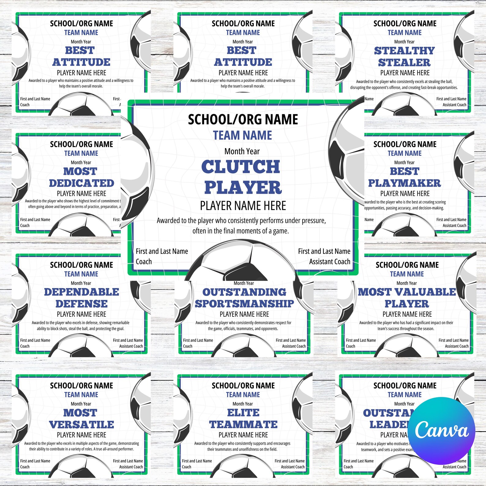 Editable Soccer Award Certificates: Team Party Canva Templates (25 ...
