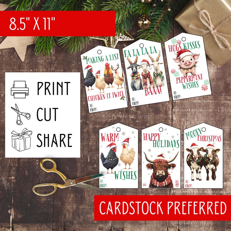 Holiday Farm Animal Gift Tags, Funny Farm Animal Gift Tags, Holiday ...