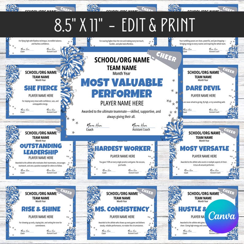 Editable Cheerleading Award Certificates: 27 Canva Cheer Certificate ...