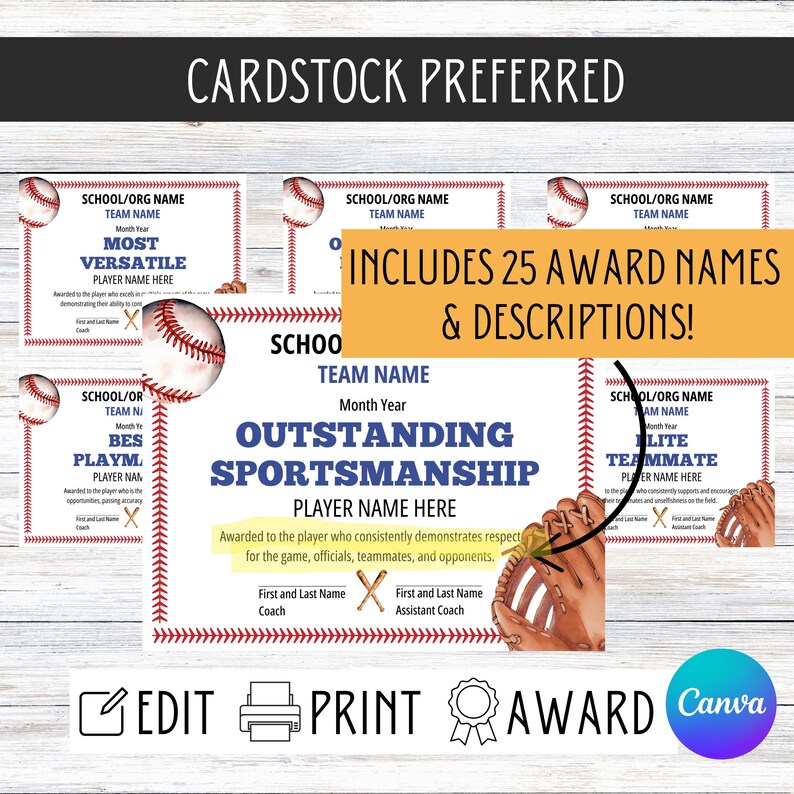 Editable Baseball Award Certificates: 25 Canva Templates (digital ...