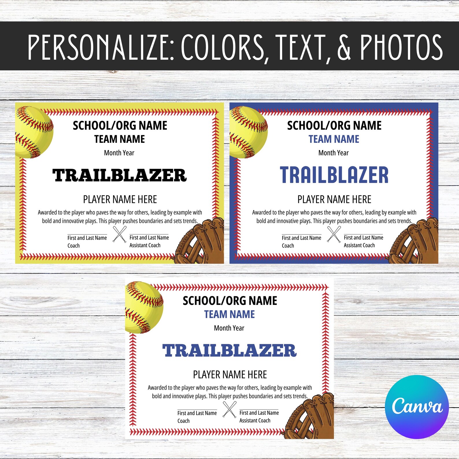 25 Editable Softball Certificates, Softball Team Party, Canva Template ...
