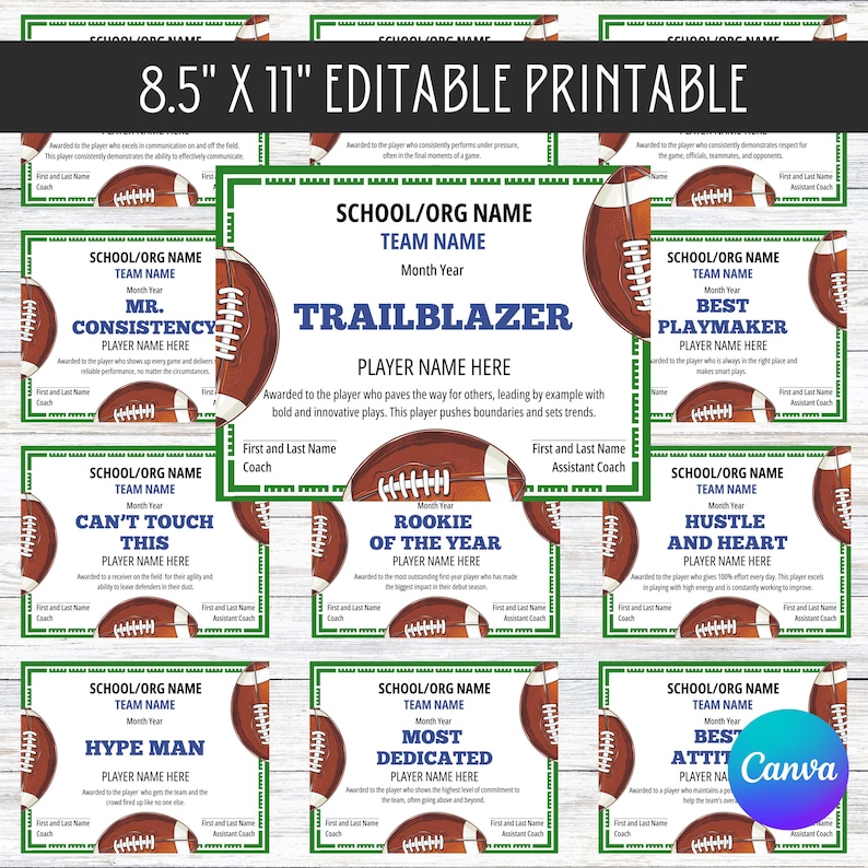 Editable Football Award Certificates: Team Party Canva Template ...