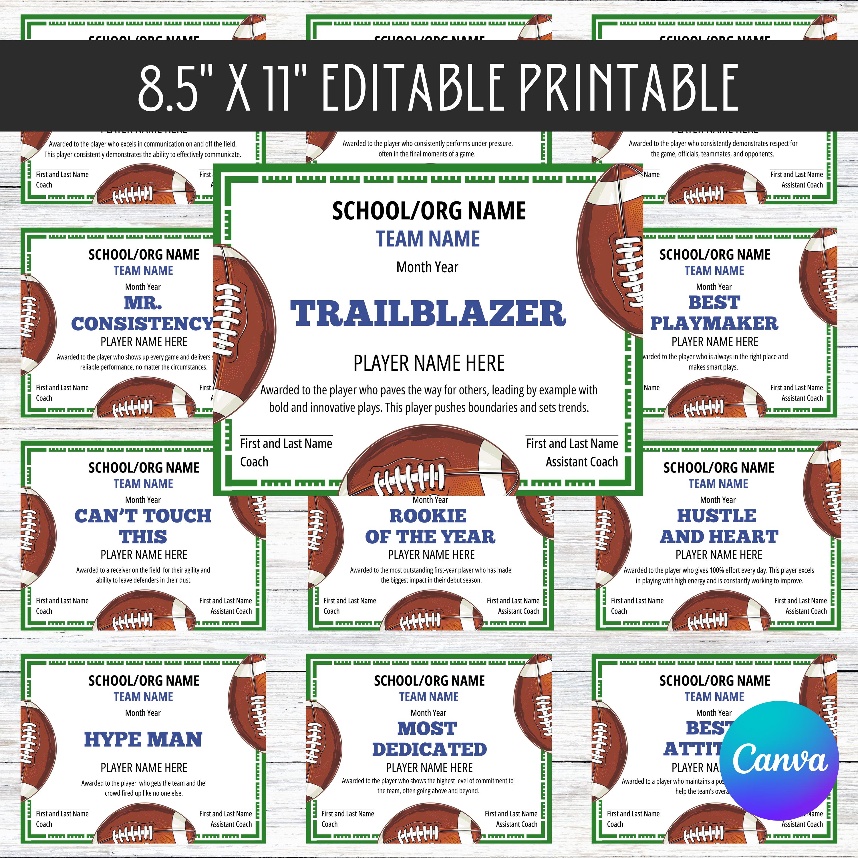 Editable Football Award Certificates: Team Party Canva Template ...
