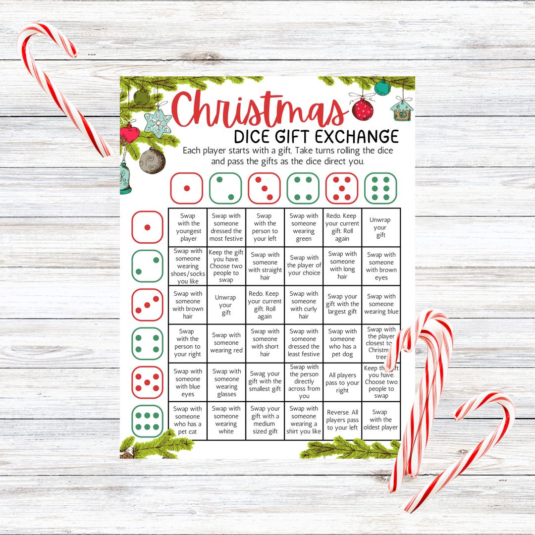 Christmas Gift Exchange Dice Game Printable, Roll the Dice Holiday Gift ...