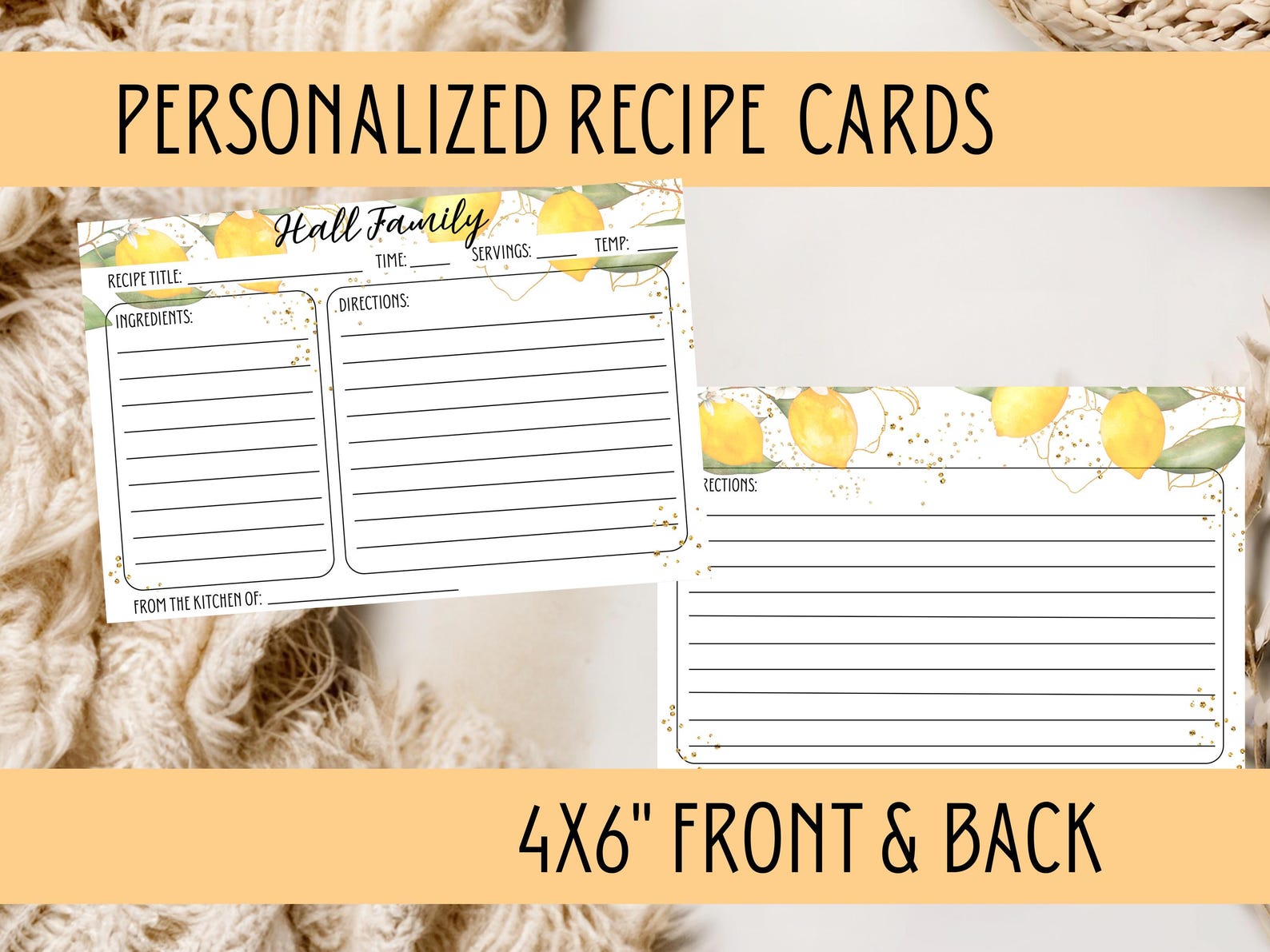 Lemon Recipe Card Template: Printable Personalized 4x6 (editable in ...