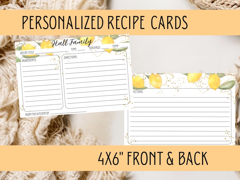 Lemon Recipe Card Template: Printable Personalized 4x6 (editable in ...