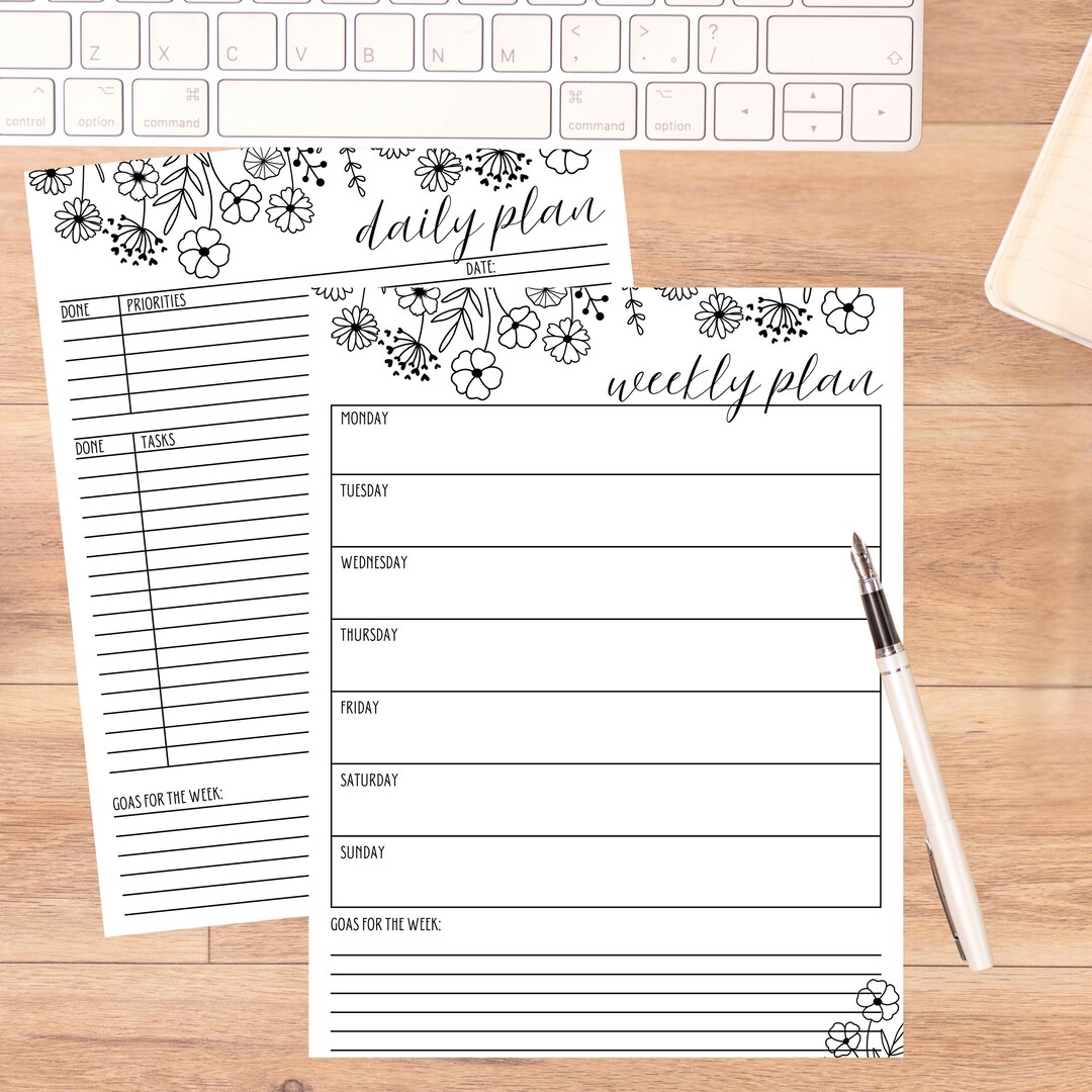 Floral Outline Blank Planner With Daily, Weekly, Monthly, to Do List ...