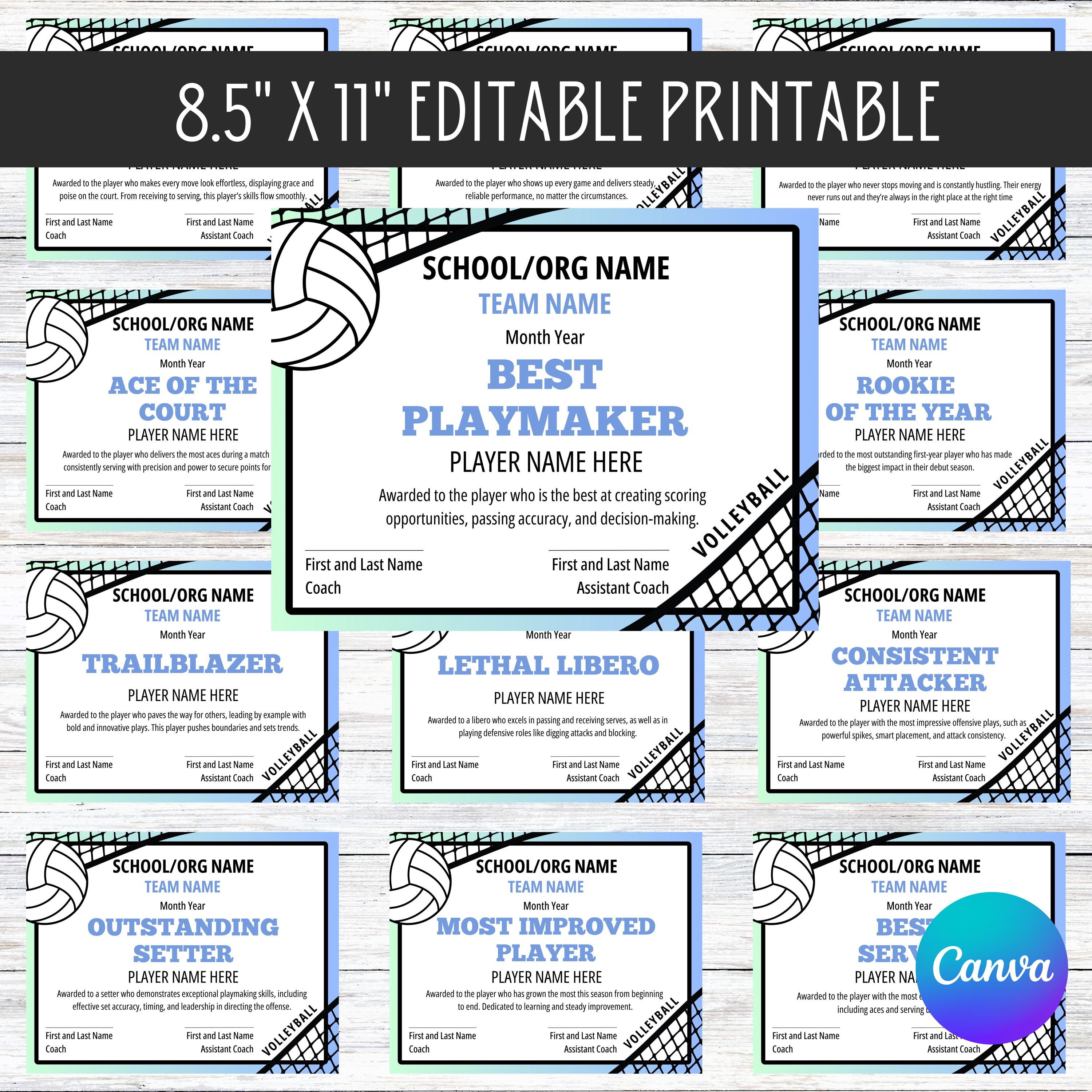 Volleyball Award Certificates: 25 Editable Canva Templates - Etsy