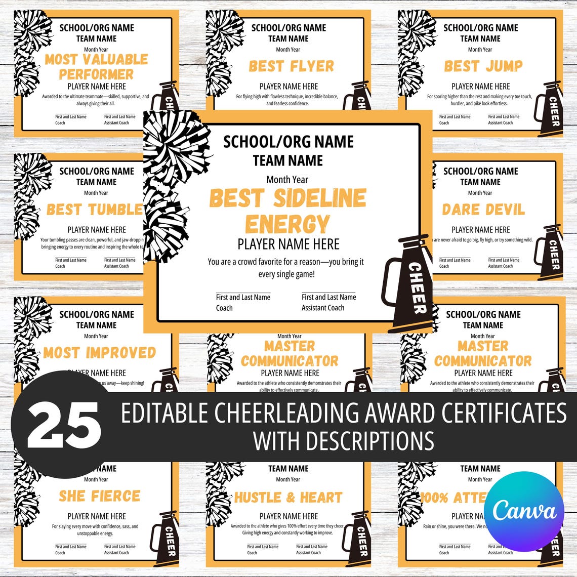 Editable Cheerleading Award Certificates: 25 Canva Templates (digital ...