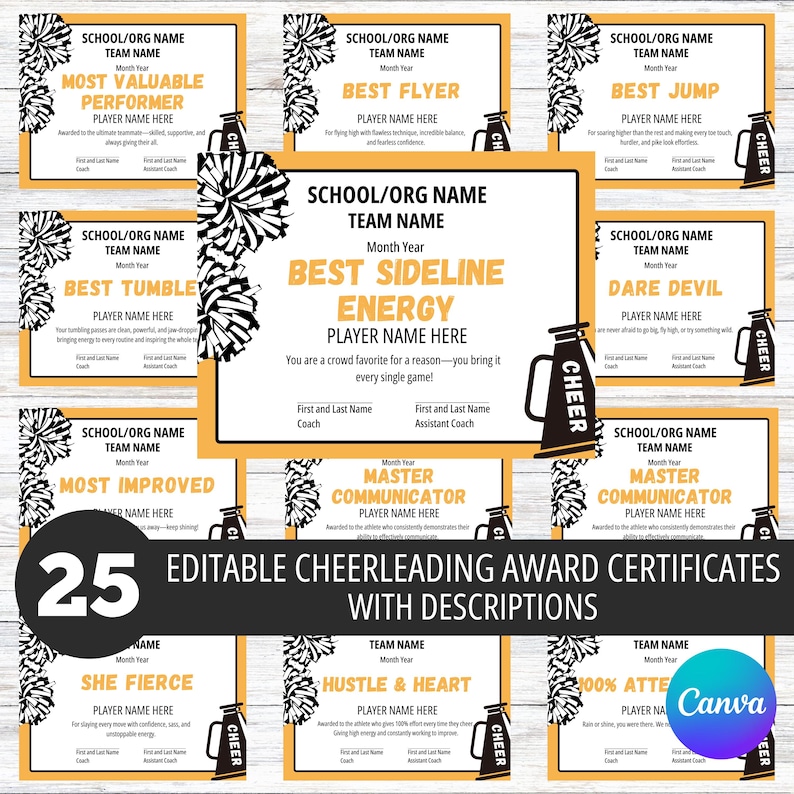Editable Cheerleading Award Certificates: 25 Canva Templates (digital ...