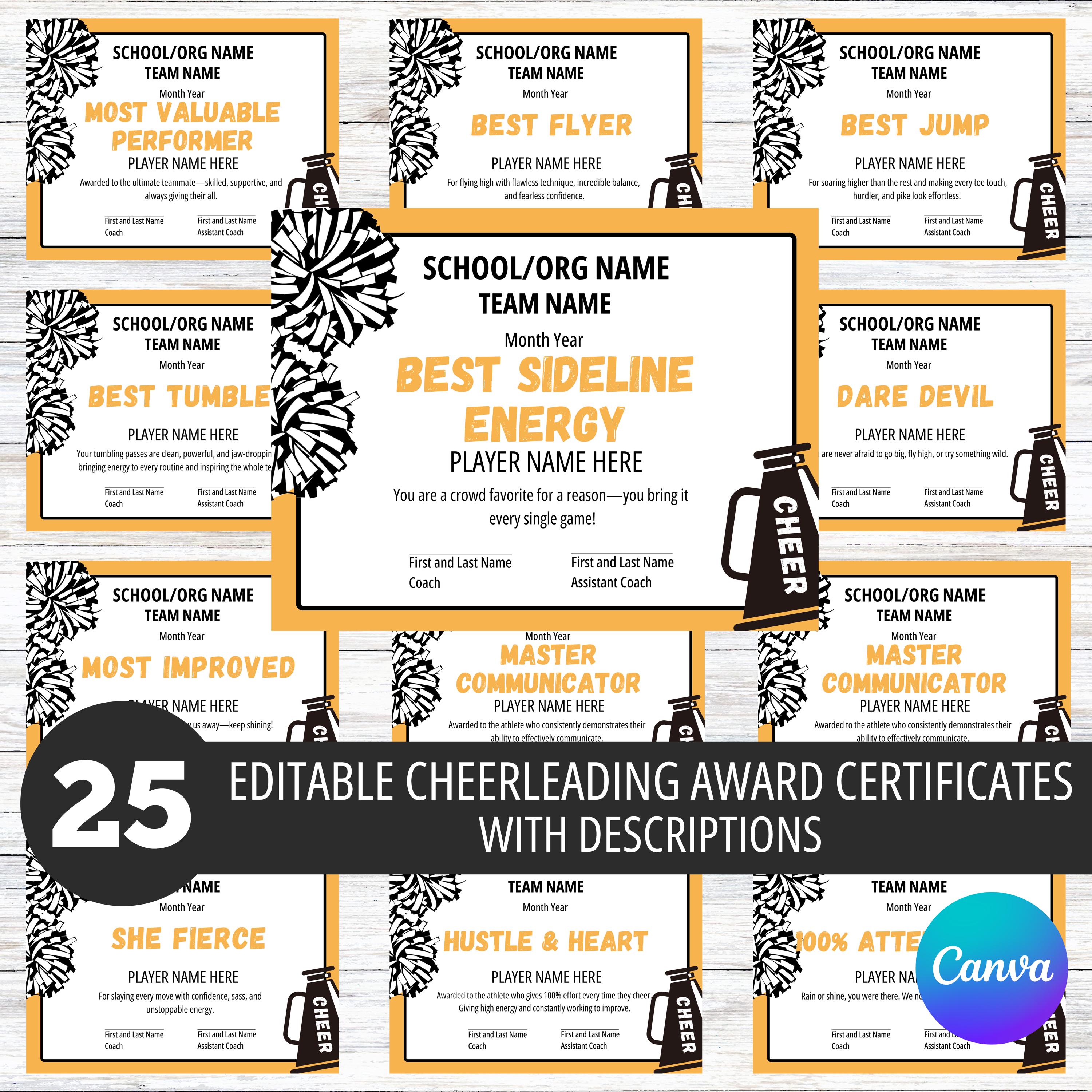 Editable Cheerleading Award Certificates: 25 Canva Templates (digital ...