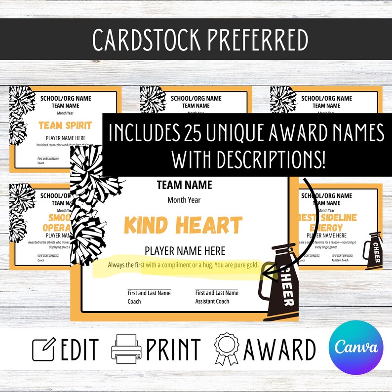 Editable Cheerleading Award Certificates: 25 Canva Templates (digital ...