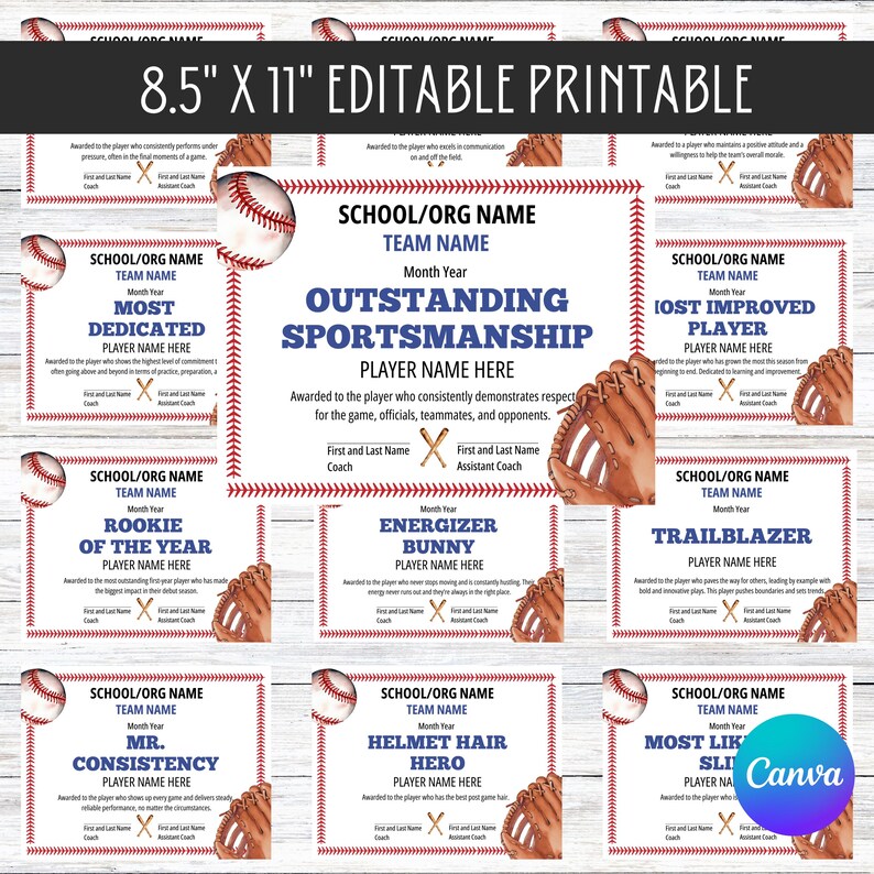 Editable Baseball Award Certificates: 25 Canva Templates (digital ...