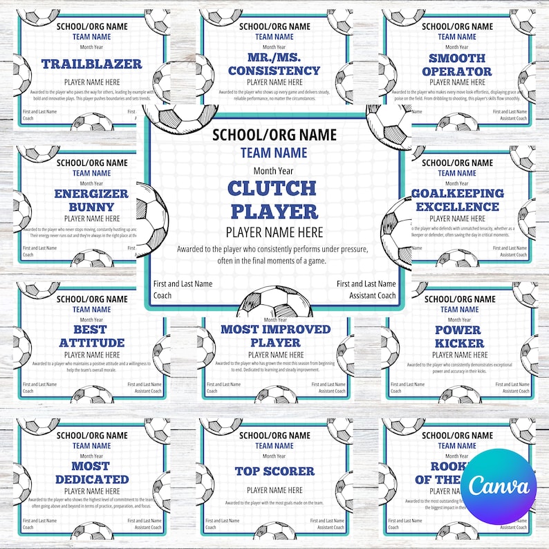 Editable Soccer Award Certificates: Team Party Canva Template (25 ...