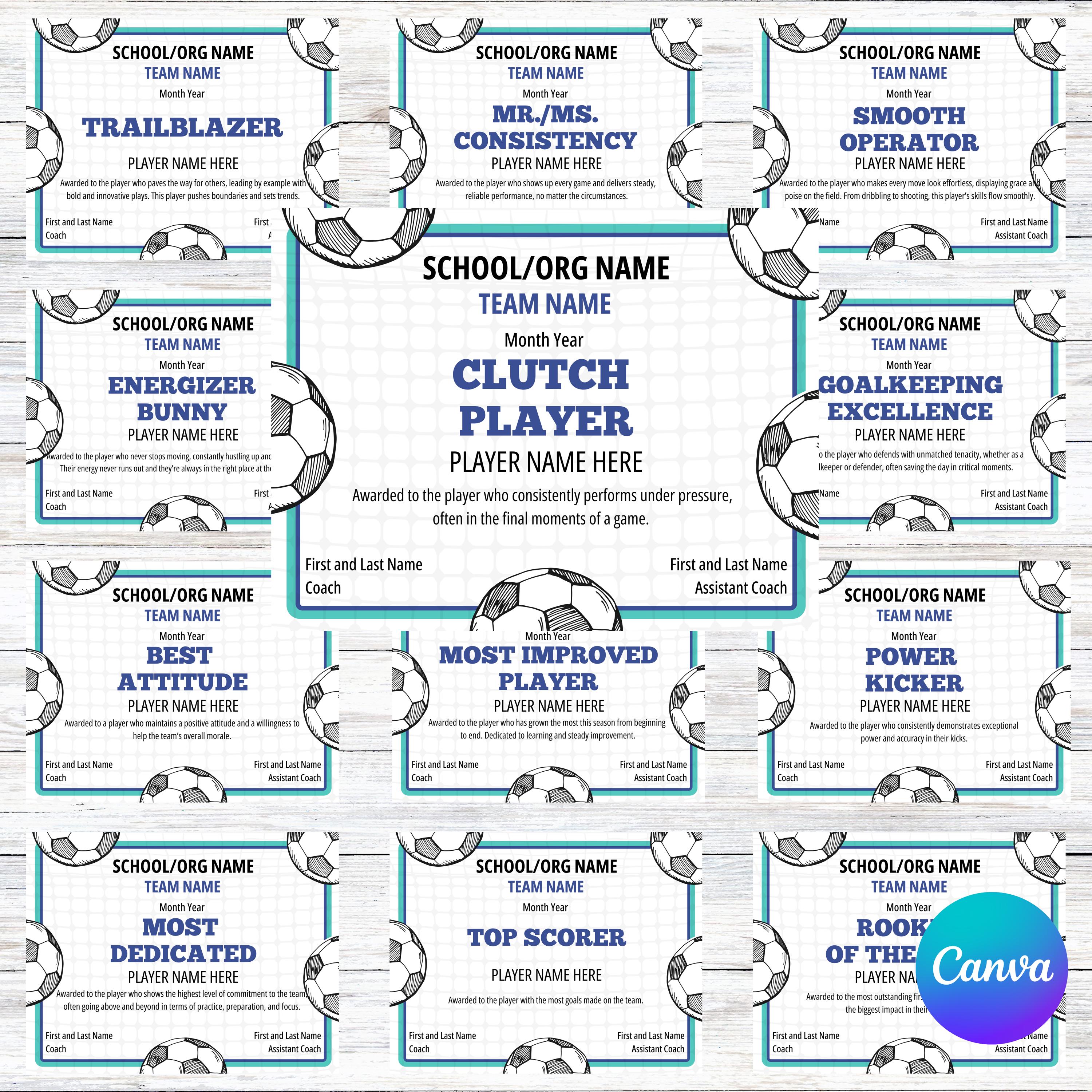 Editable Soccer Award Certificates: Team Party Canva Template (25 ...