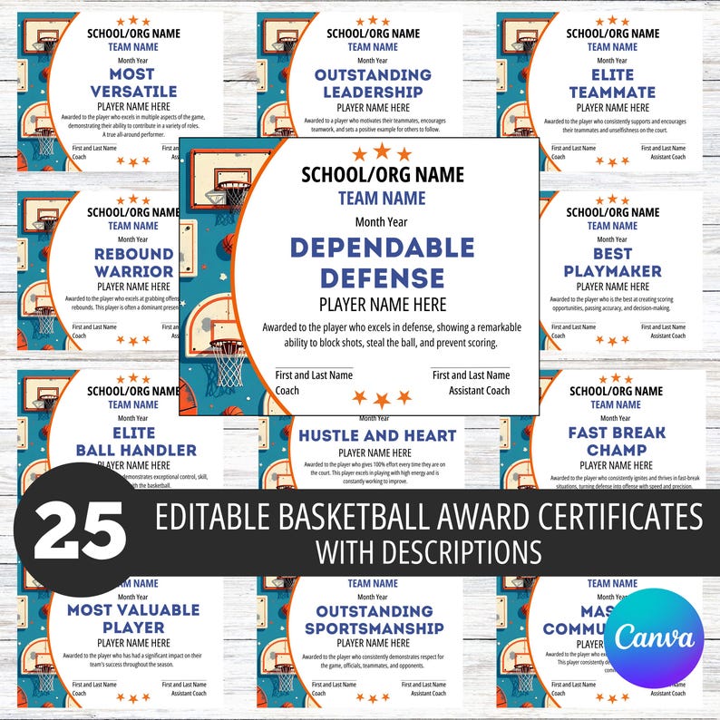 25 Editable Basketball Certificates, Basketball Team Party, Canva ...