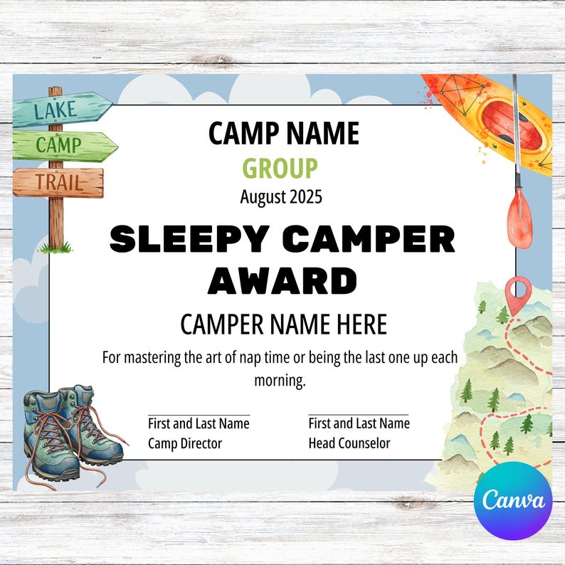 Editable Camp Award Certificates: End of Summer Canva Template (digital ...