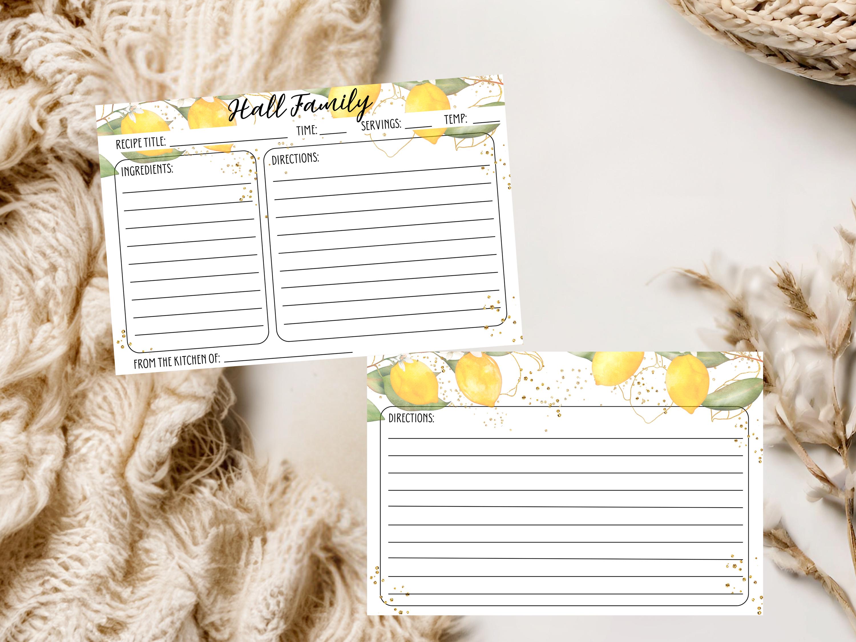 Lemon Recipe Card Template: Printable Personalized 4x6 (editable in ...
