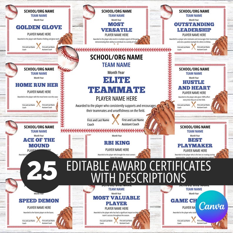Editable Baseball Award Certificates: 25 Canva Templates (digital ...