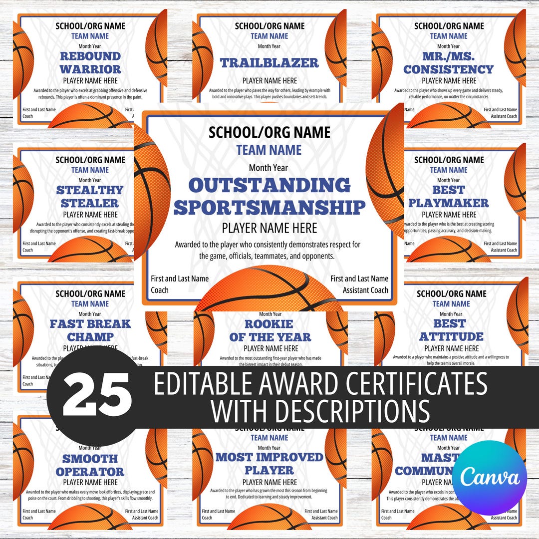 25 Editable Basketball Certificates, Basketball Team Party, Canva ...