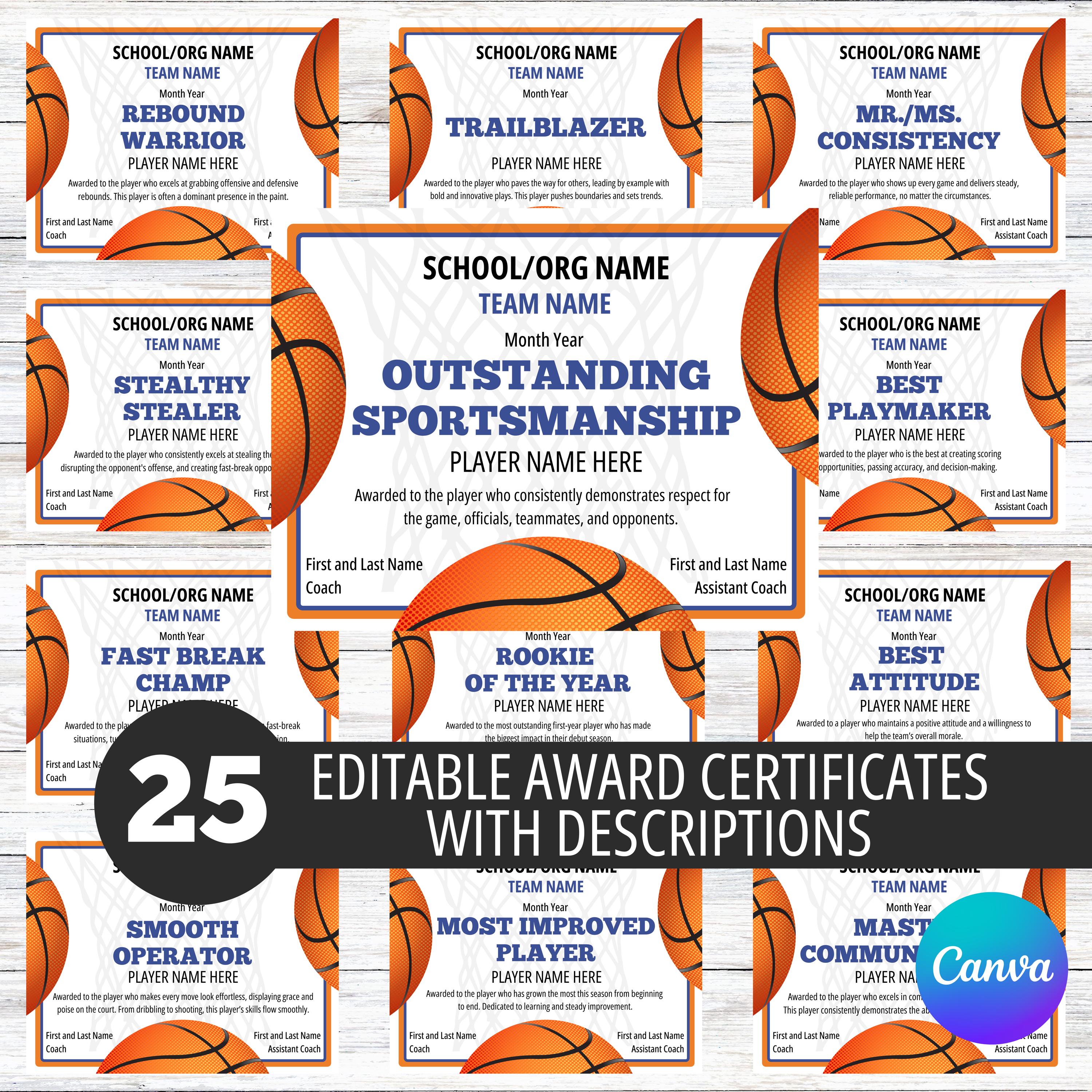 25 Editable Basketball Certificates, Basketball Team Party, Canva ...