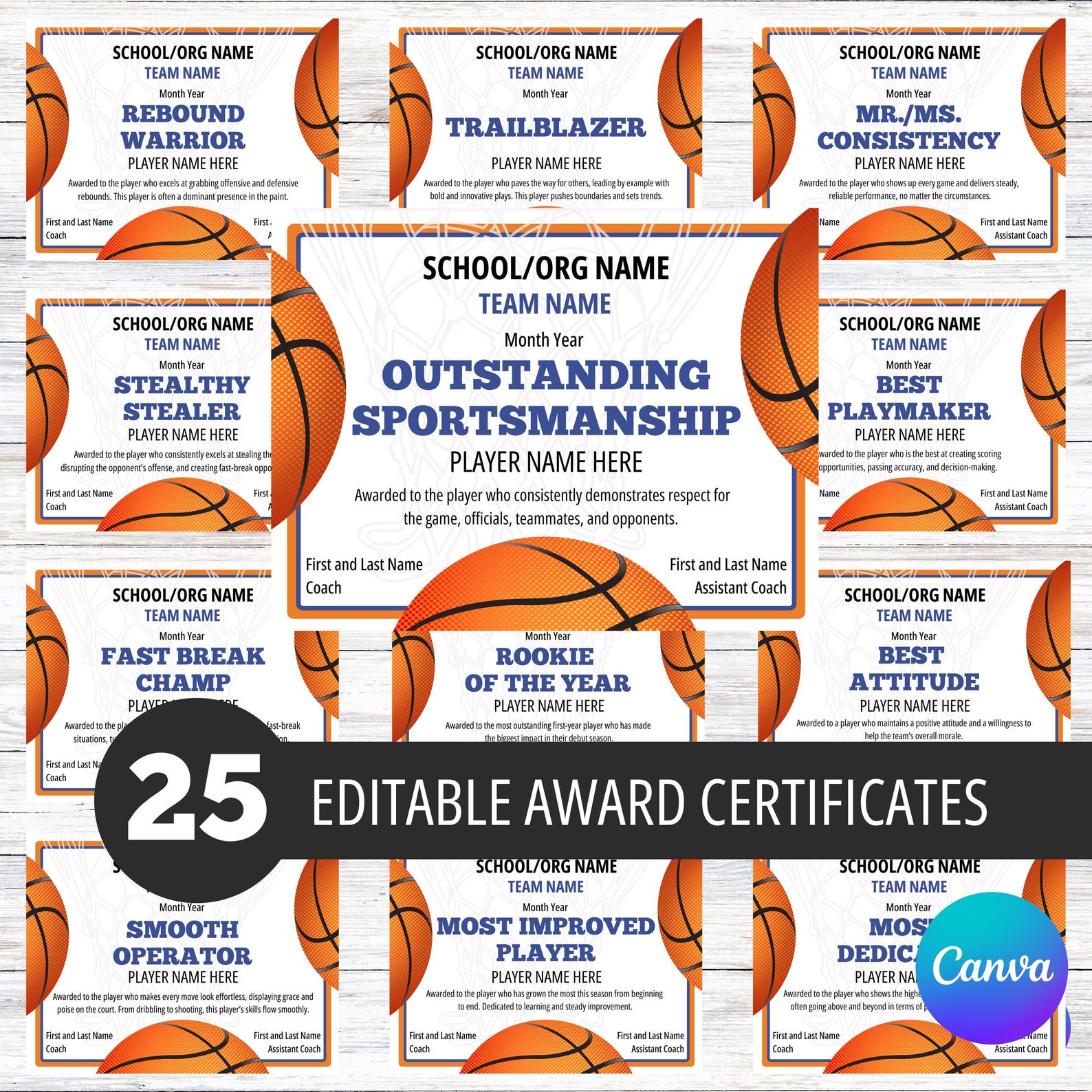 25 Editable Basketball Certificates, Basketball Team Party, Canva ...