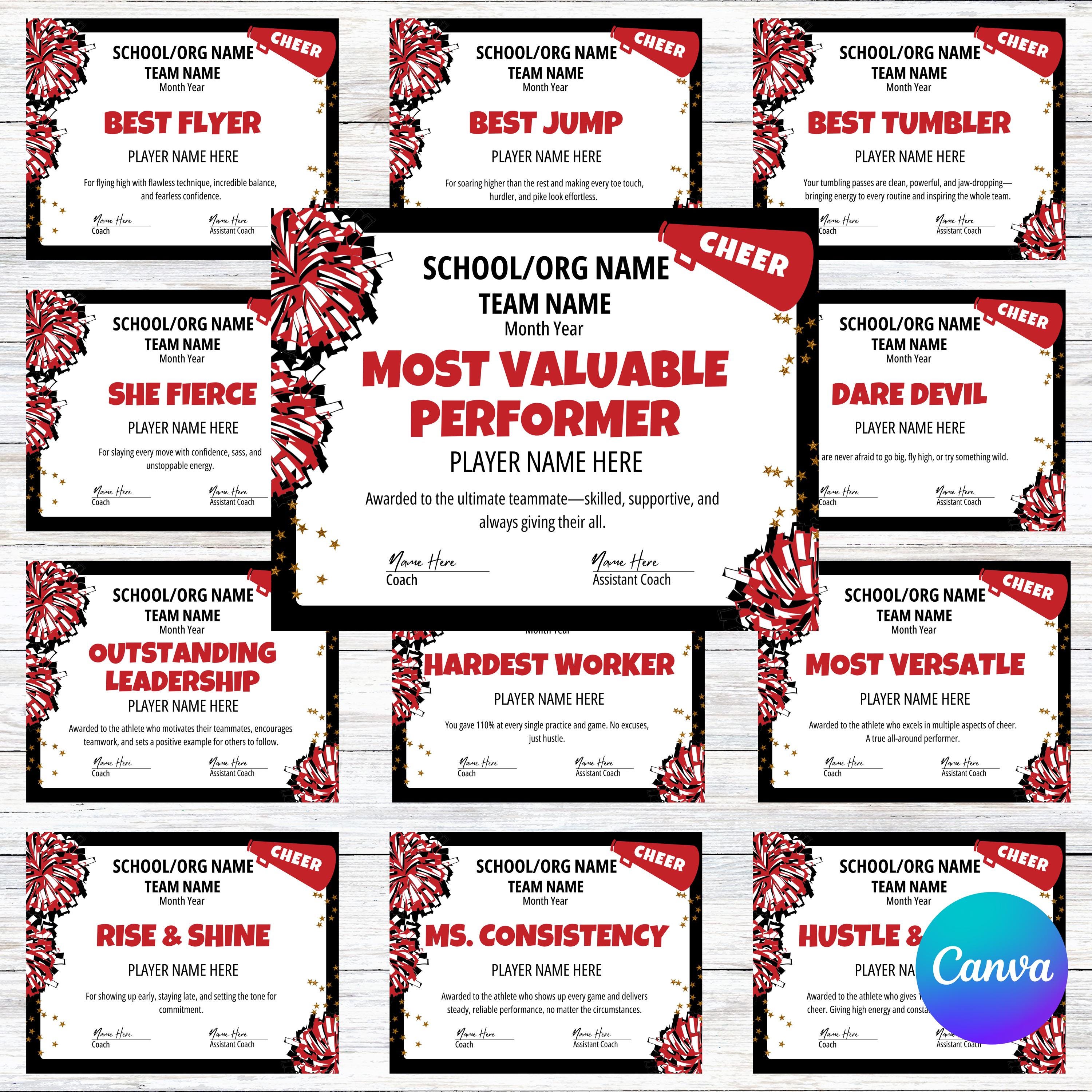 Editable Cheerleading Award Certificates: 27 Canva Cheer Certificate ...