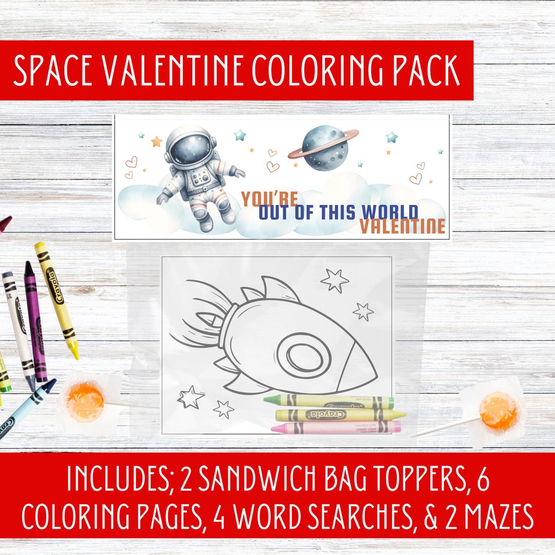 Space Valentine's Day Activity Printable: Coloring Pages, Mazes (PDF ...