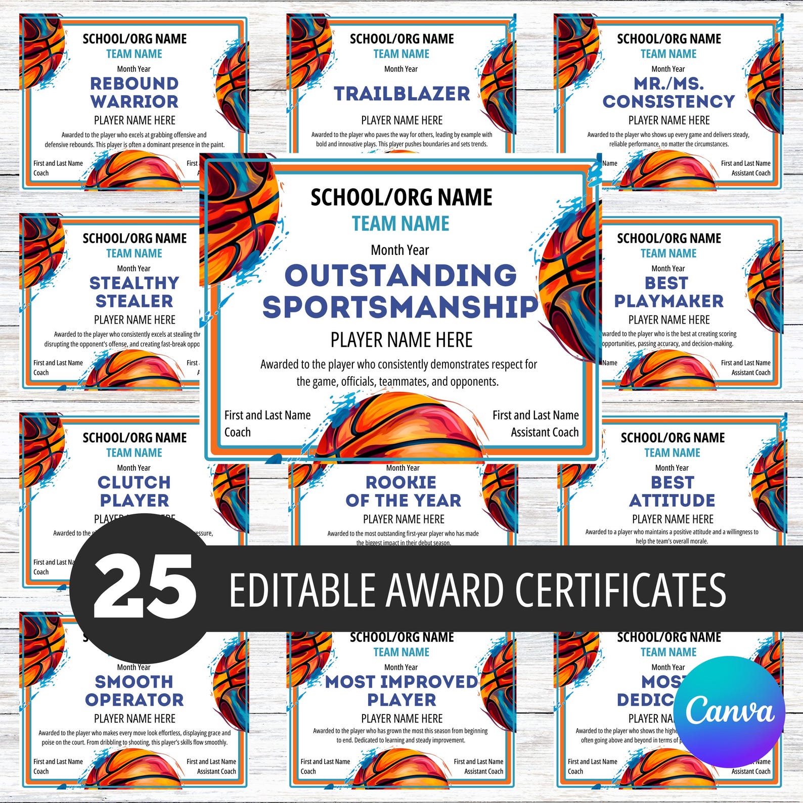 25 Editable Basketball Certificates, Basketball Team Party, Canva ...
