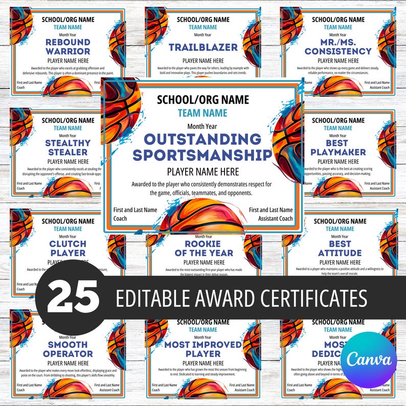 25 Editable Basketball Certificates, Basketball Team Party, Canva ...