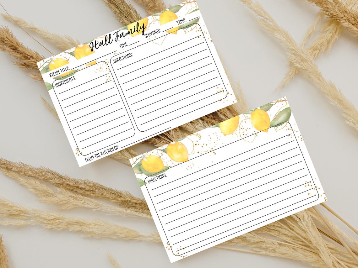 Lemon Recipe Card Template: Printable Personalized 4x6 (editable in ...