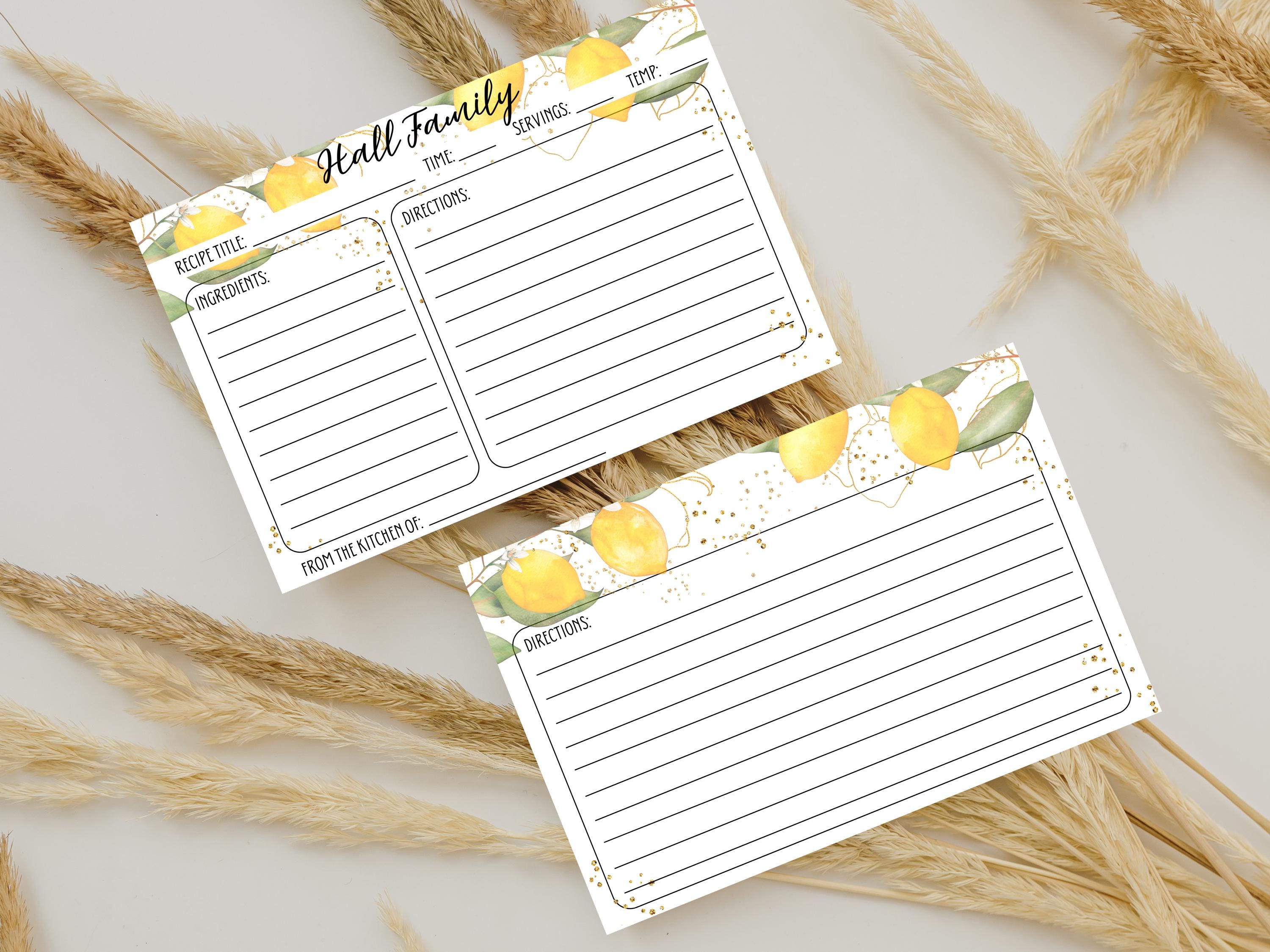 Lemon Recipe Card Template: Printable Personalized 4x6 (editable in ...