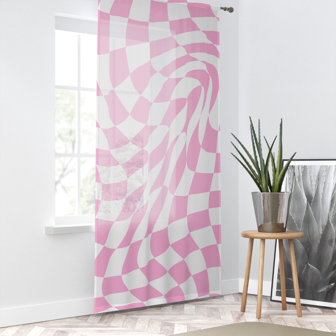Cute Sheer Curtains Pink Wavy Checkered Curtain Panels Dopamine Decor ...