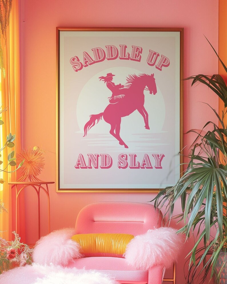 Pink Cowgirl Poster Retro Saddle up and Slay Wall Art Girly Western ...