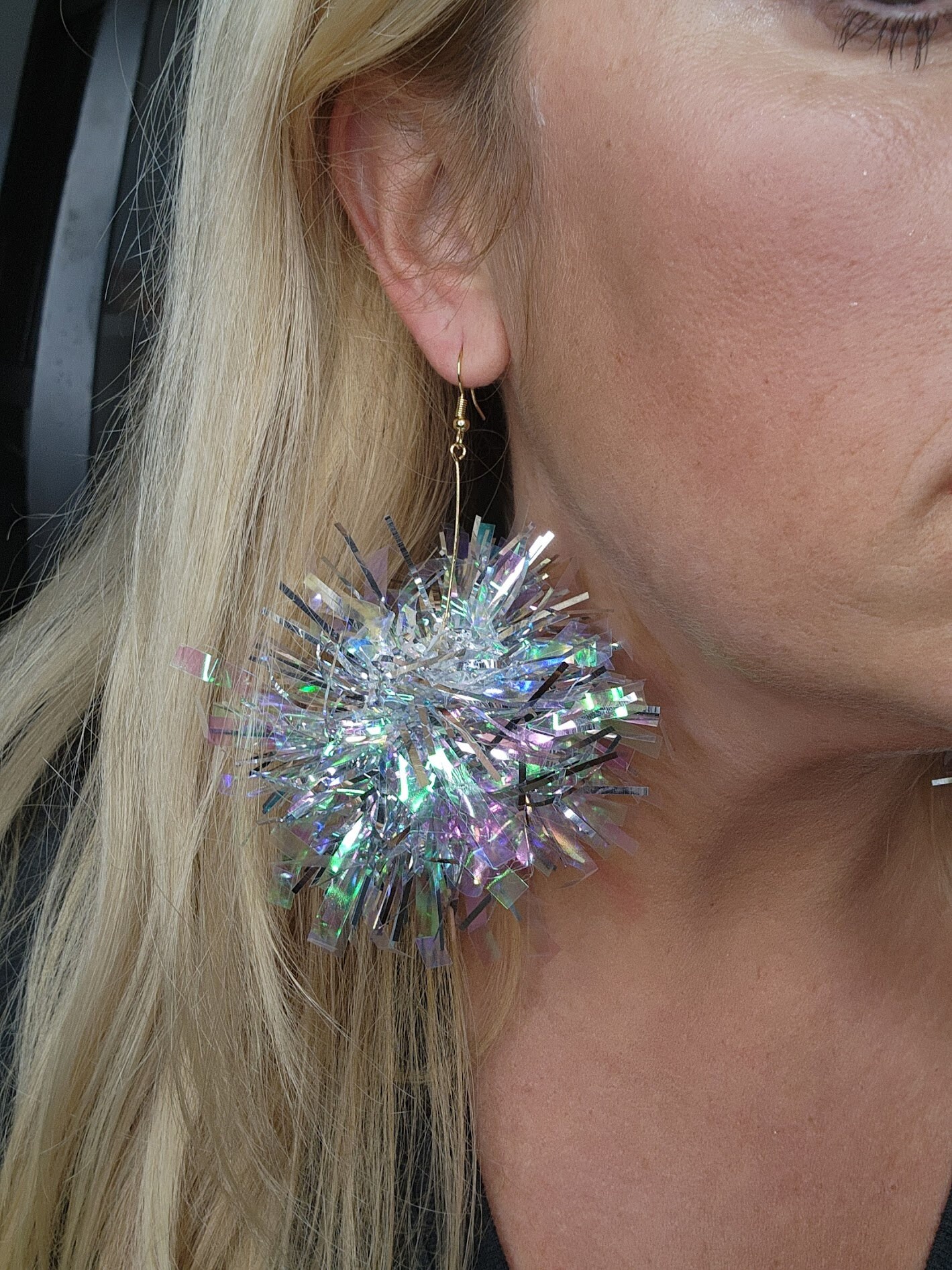 Clear Irridescent Pom Pom Tinsel Earrings - Etsy