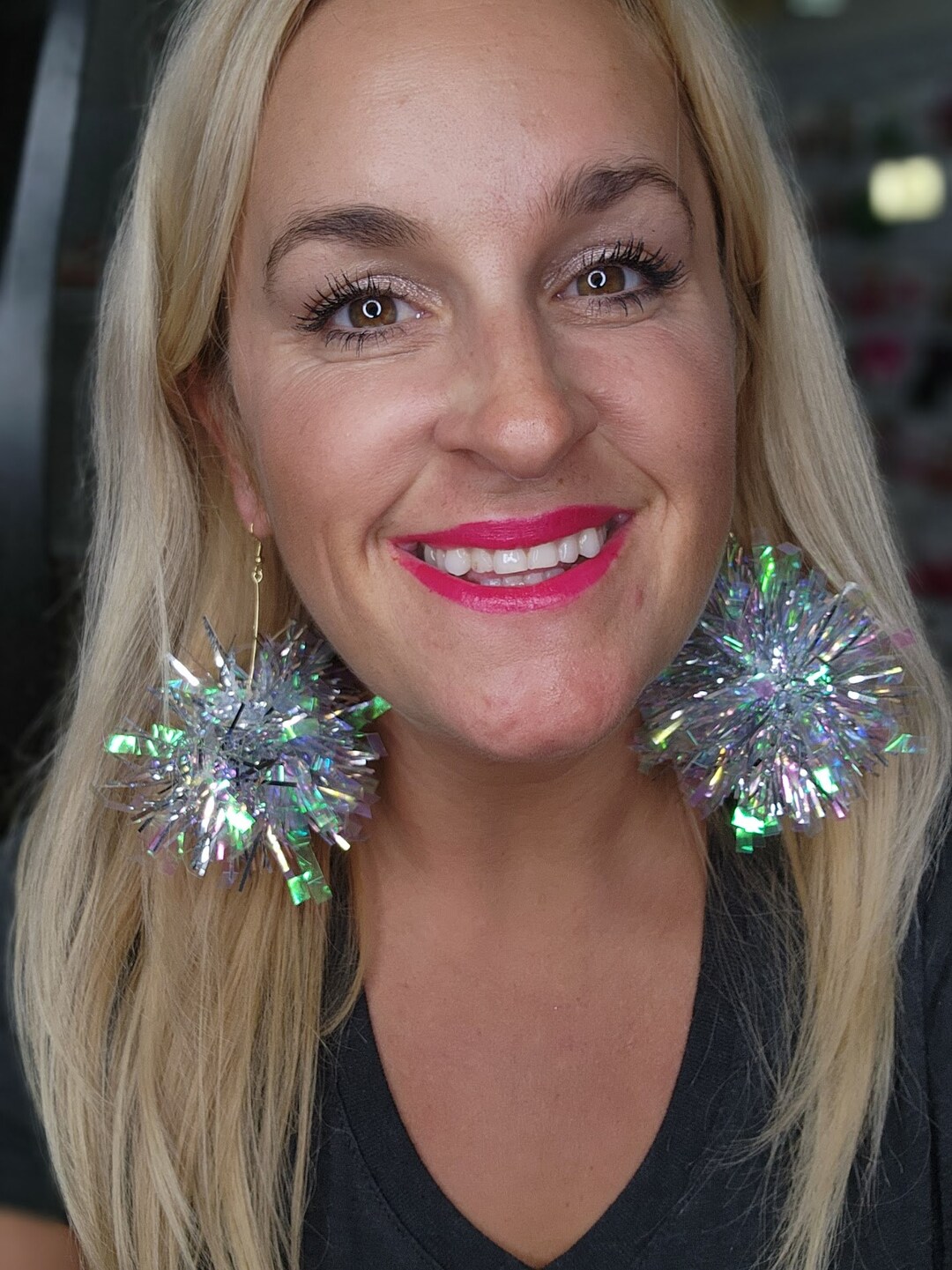 Clear Irridescent Pom Pom Tinsel Earrings - Etsy