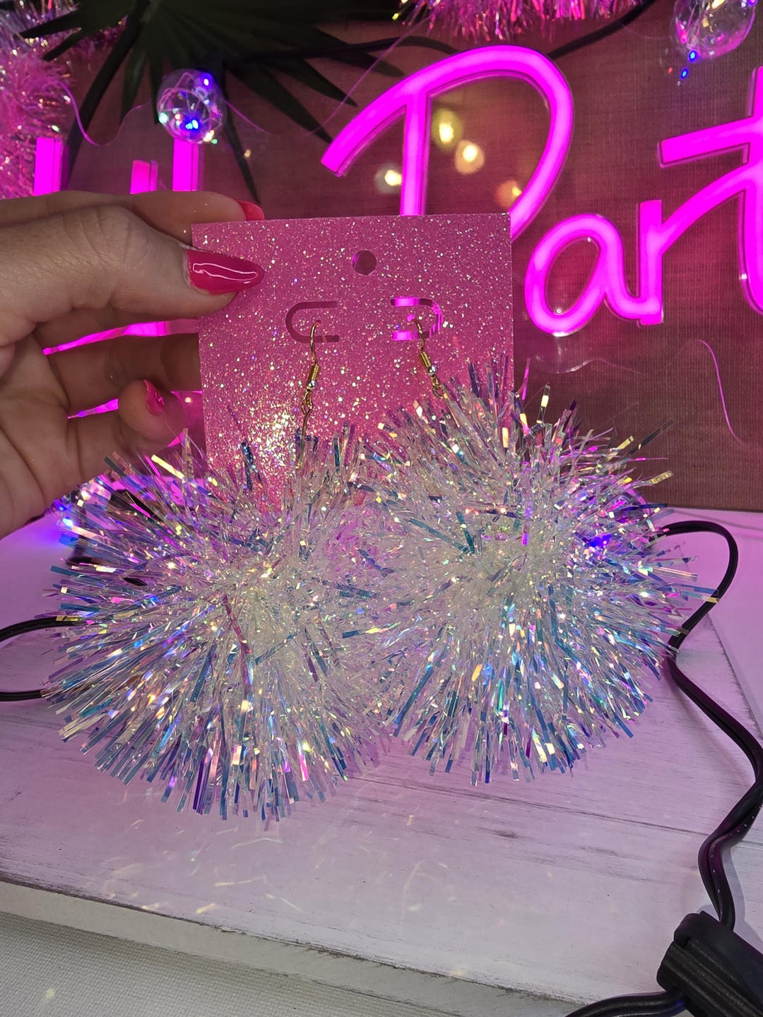 Handmade Clear Irridescent Pom Pom Tinsel Earrings - Etsy