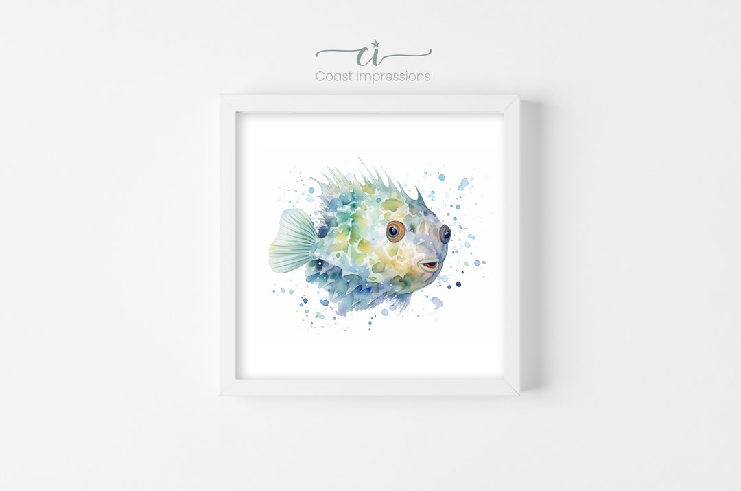 Whimsical Puffer Fish 2 Set of 3 Watercolor Printed Wall Art on ...
