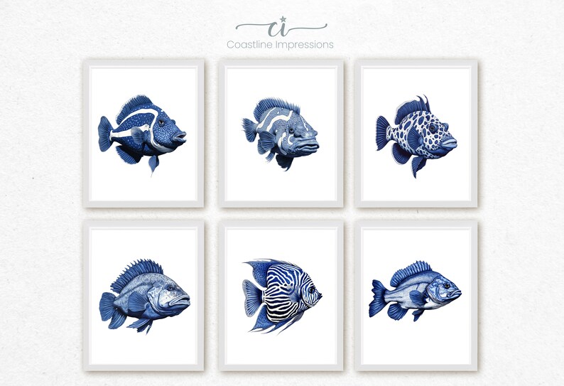 Blue Fish of Sea, Fish 2 Set of 6, Fish Art, Wall Art, Blue Theme Art ...