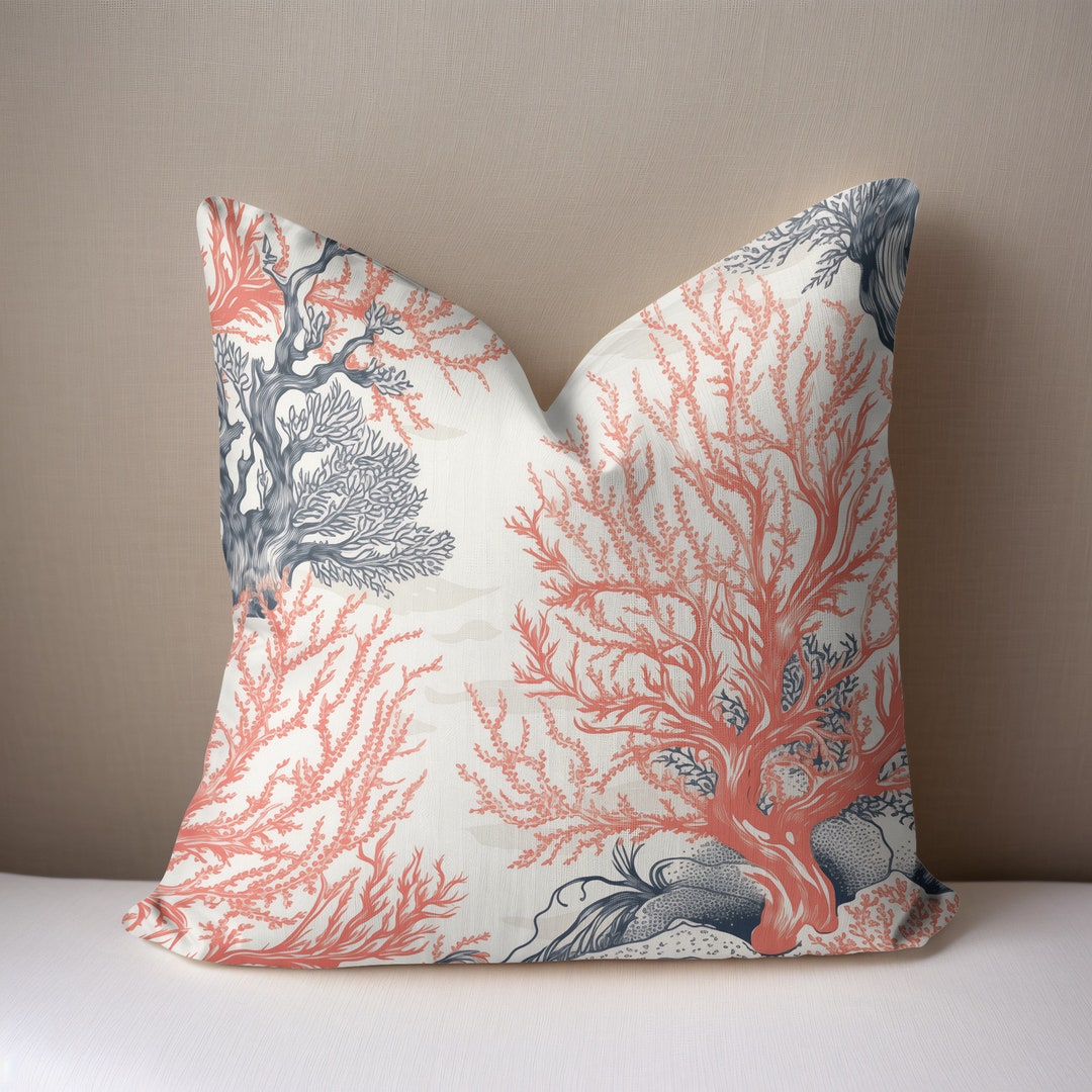 Coastal Coral: Decorative Throw Pillow With Pen and Ink Sea Coral Print ...