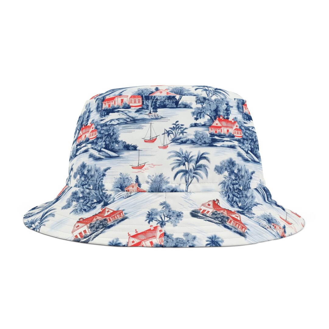 Seafarer's Voyage Bucket Hat, Coastal Themed Vintage Style Print, Red ...